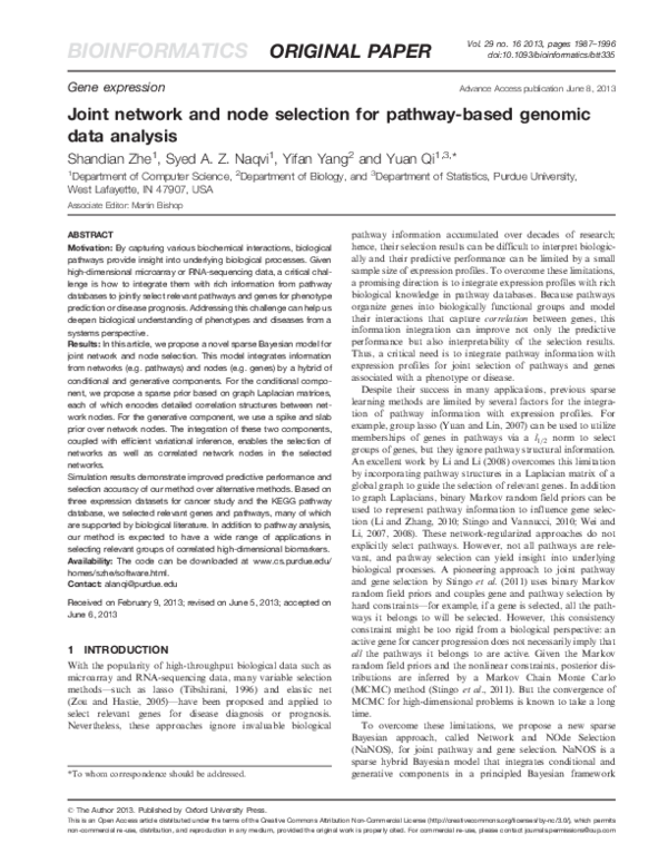 Pdf Joint Network And Node Selection For Pathway Based Genomic Data Analysis Yisong Yang