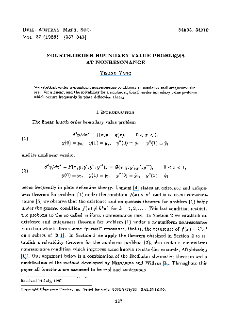 Pdf Fourth Order Boundary Value Problems At Nonresonance Yisong Yang