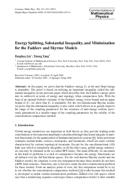 Pdf Energy Splitting Substantial Inequality And Minimization For The Faddeev And Skyrme Models