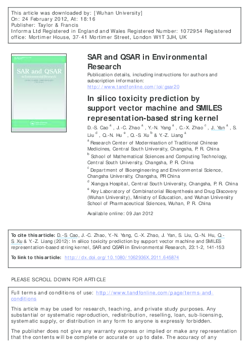 Pdf In Silico Toxicity Prediction By Support Vector Machine And Smiles Representation Based