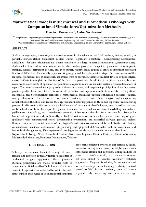 (PDF) Mathematical Models in Mechanical and Biomedical Tribology with Computational Simulations ...