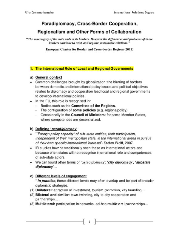(PDF) Paradiplomacy, Cross-Border Cooperation
