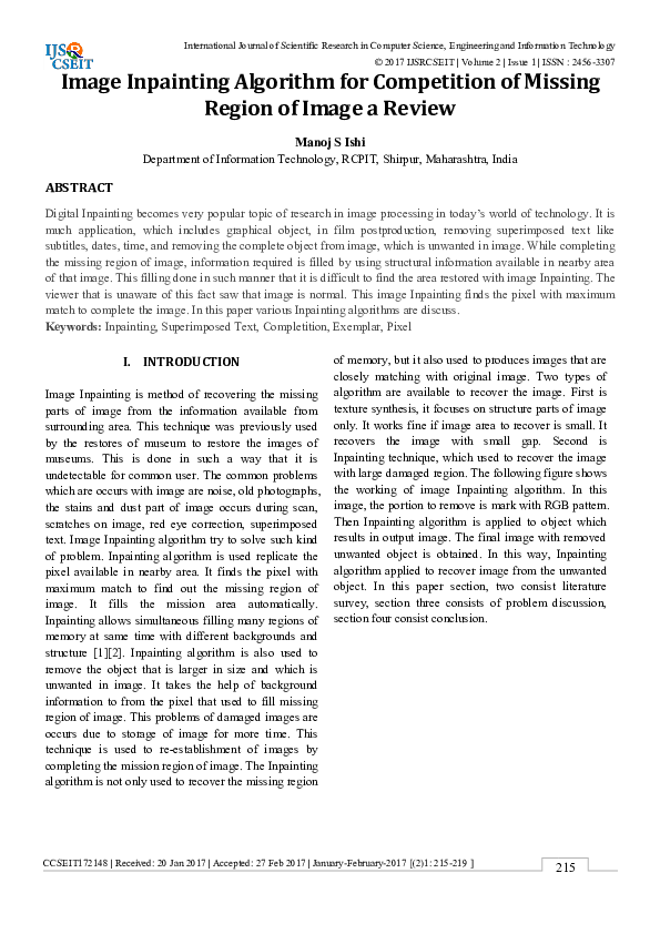 (PDF) Image Inpainting Algorithm for Competition of Missing Region of Image a Review