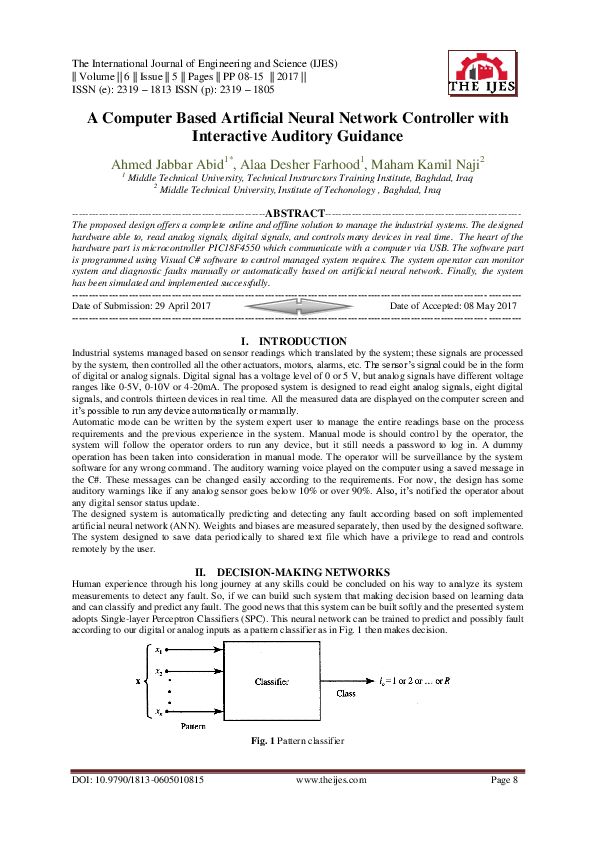 (PDF) A Computer Based Artificial Neural Network Controller with Interactive Auditory Guidance