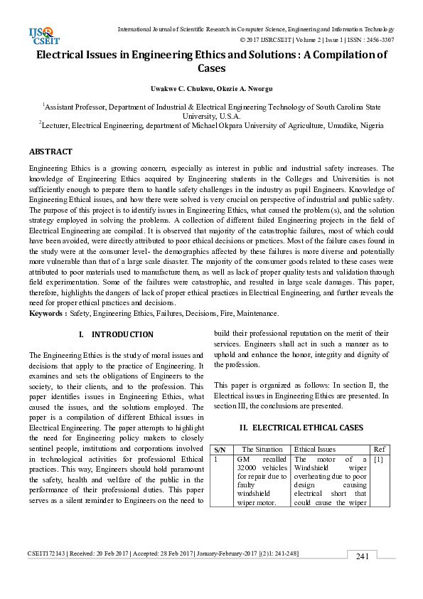 (PDF) Electrical Issues in Engineering Ethics and Solutions : A ...