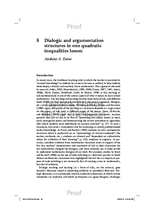 (PDF) Dialogic and argumentation structures in one inequalities classroom