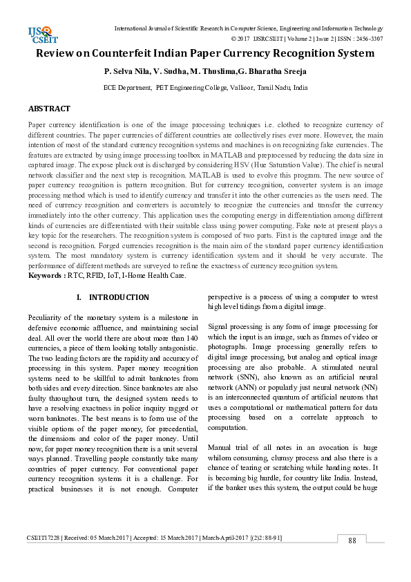 Pdf Review On Counterfeit Indian Paper Currency Recognition System