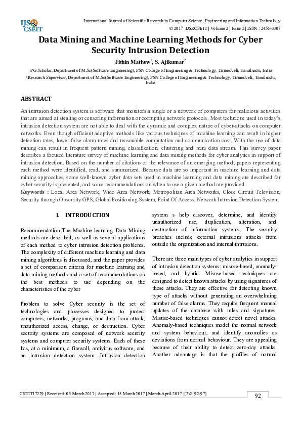 Pdf Data Mining And Machine Learning Methods For Cyber Security Intrusion Detection