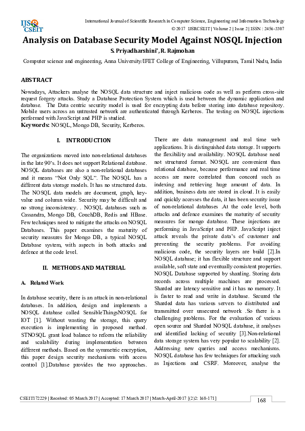 (PDF) Analysis on Database Security Model Against NOSQL Injection