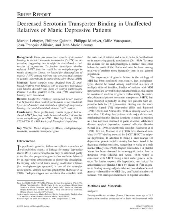 (PDF) Decreased serotonin transporter binding in unaffected relatives ...