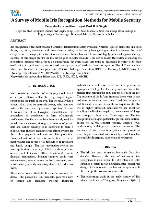 Pdf A Survey Of Mobile Iris Recognition Methods For Mobile Security