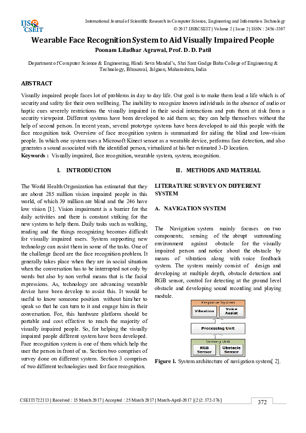 (PDF) Wearable Face Recognition System to Aid Visually Impaired People