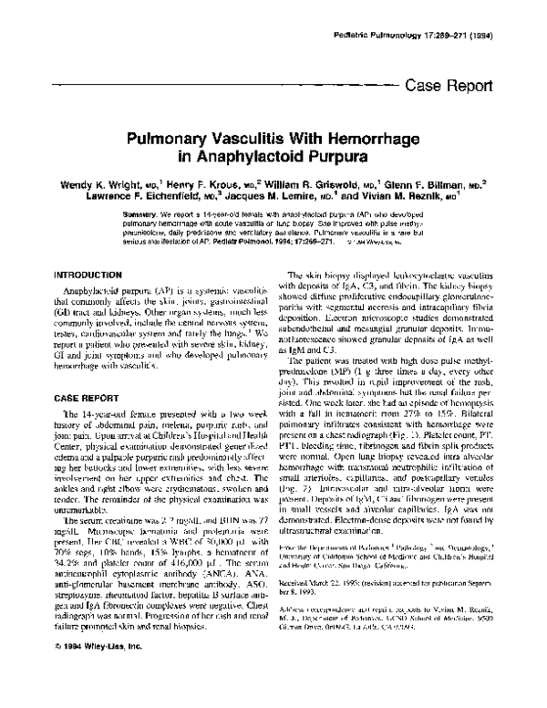 (PDF) Pulmonary vasculitis with hemorrhage in anaphylactoid purpura