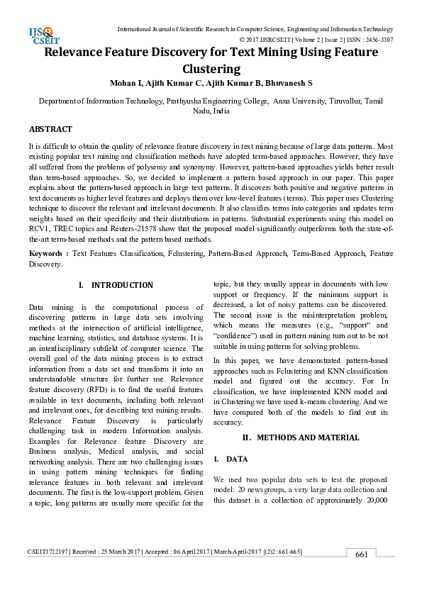 Pdf Relevance Feature Discovery For Text Mining Using Feature Clustering