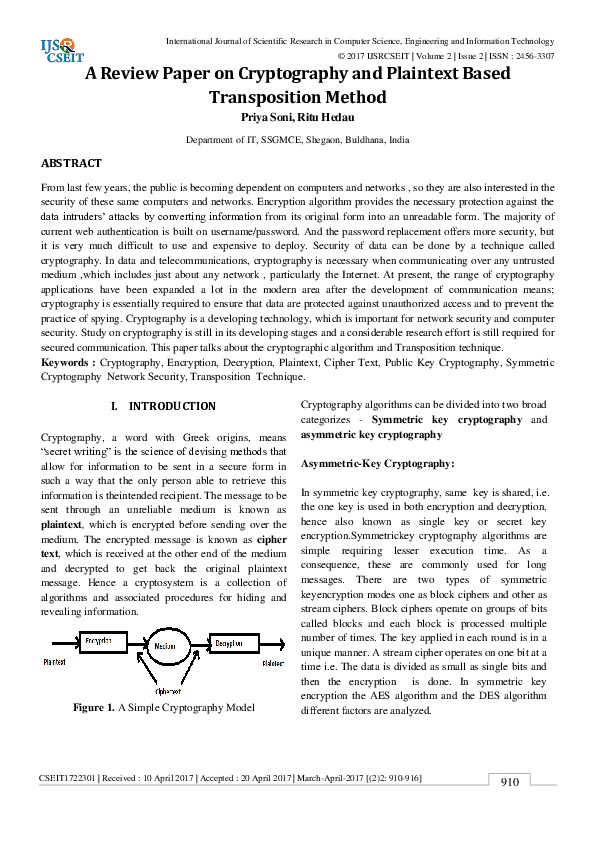 (PDF) A Review Paper on Cryptography and Plaintext Based Transposition ...