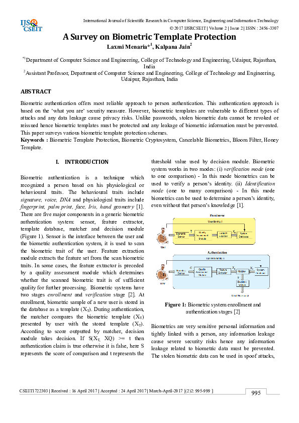 Pdf A Survey On Biometric Template Protection