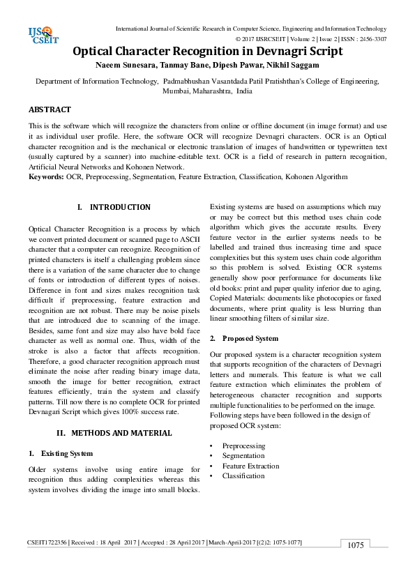 Pdf Optical Character Recognition In Devnagri Script