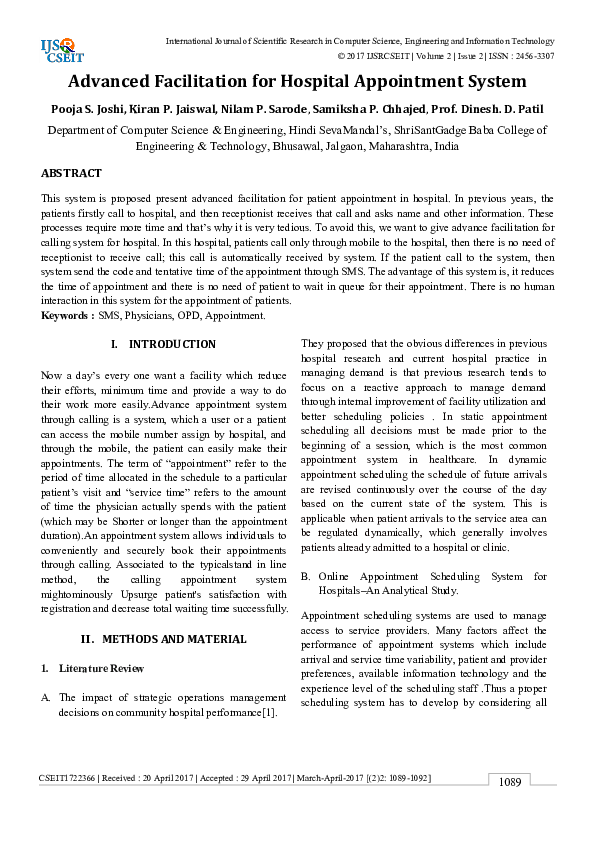 (PDF) Advanced Facilitation for Hospital Appointment System