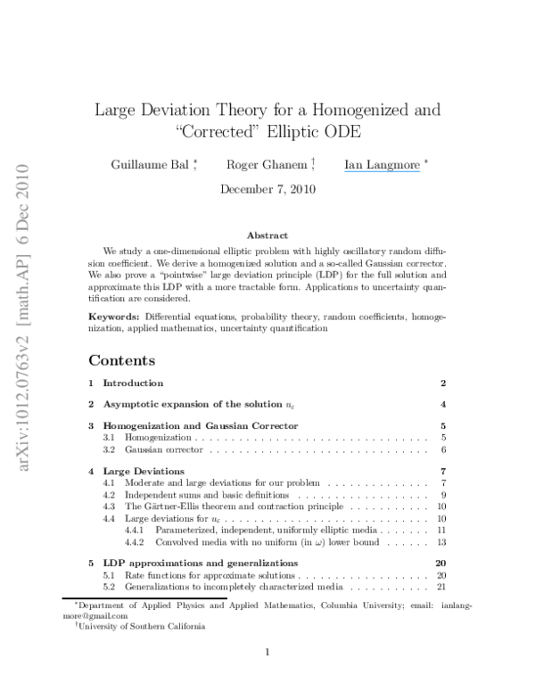 (PDF) Large deviation theory for a homogenized and “corrected” elliptic ODE | Guillaume Bal ...