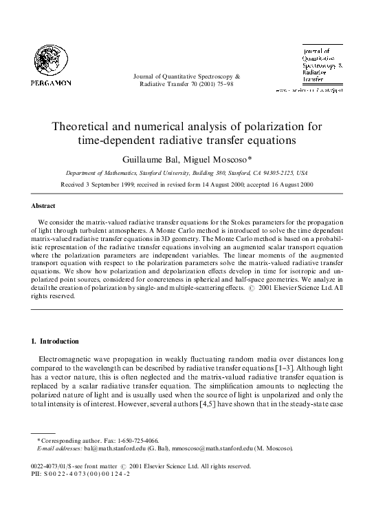 (PDF) Theoretical and numerical analysis of polarization for time-dependent radiative transfer ...