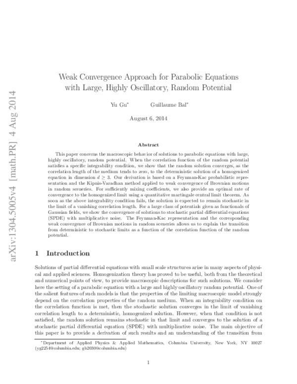(PDF) Weak convergence approach to a parabolic equation with large random potential