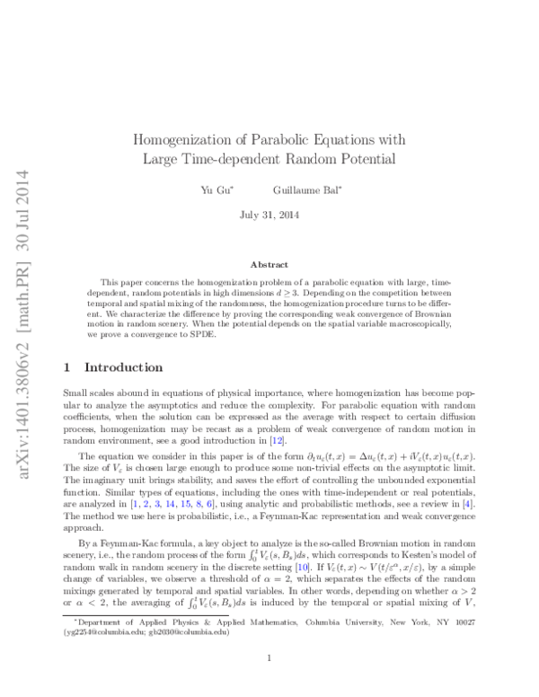 (PDF) Homogenization of parabolic equations with large time-dependent random potential