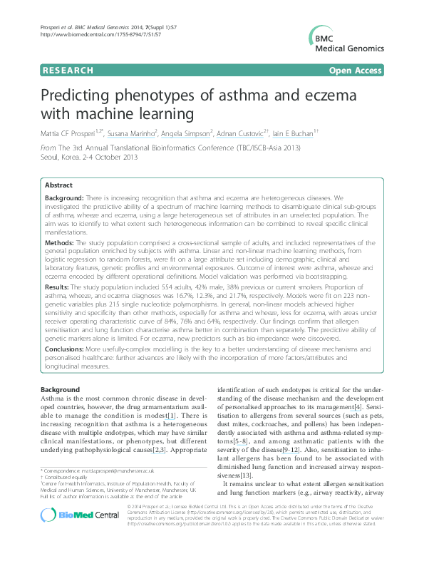 Pdf Predicting Phenotypes Of Asthma And Eczema With Machine Learning