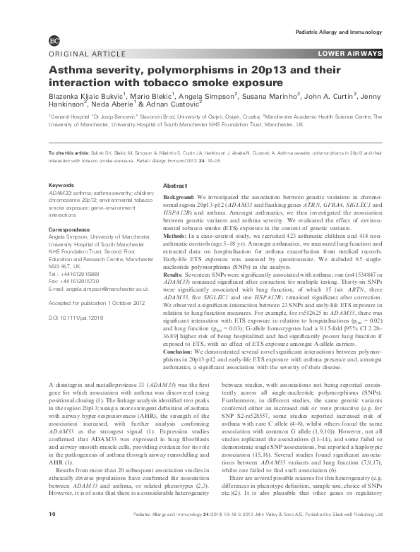(PDF) Asthma severity, polymorphisms in 20p13 and their interaction ...