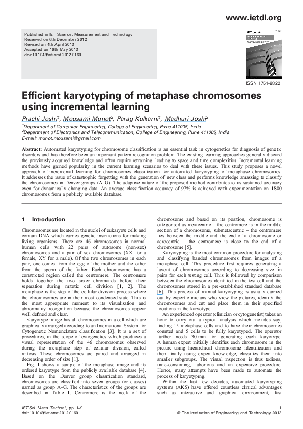 Pdf Efficient Karyotyping Of Metaphase Chromosomes Using Incremental Learning