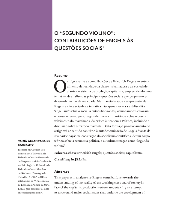(PDF) O "segundo violino": contribuições de Engels às questões sociais