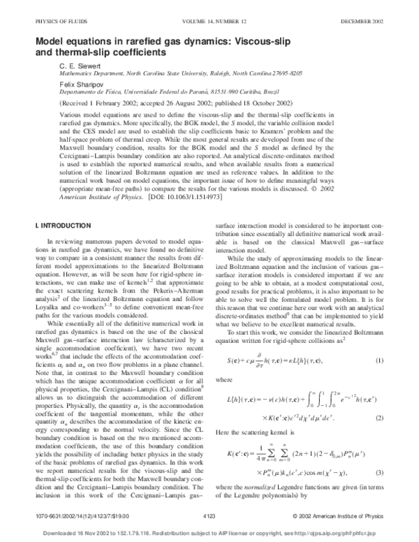 (PDF) Model equations in rarefied gas dynamics: Viscous-slip and thermal-slip coefficients