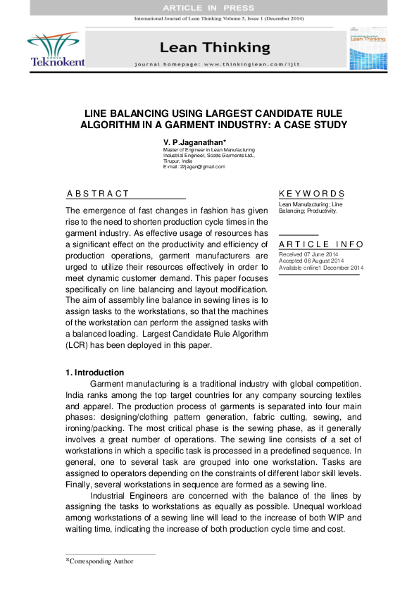 (PDF) LINE BALANCING USING LARGEST CANDIDATE RULE ALGORITHM IN A GARMENT INDUSTRY: A CASE STUDY