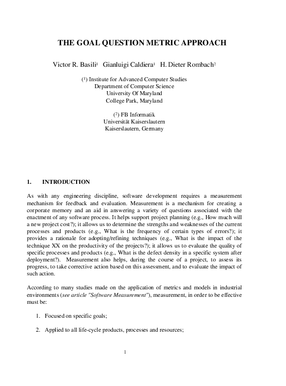 (PDF) The goal question metric approach