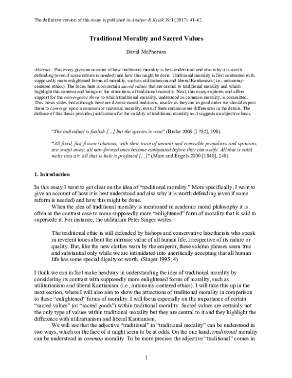 (PDF) Traditional Morality and Sacred Values (Analyse & Kritik: Journal ...