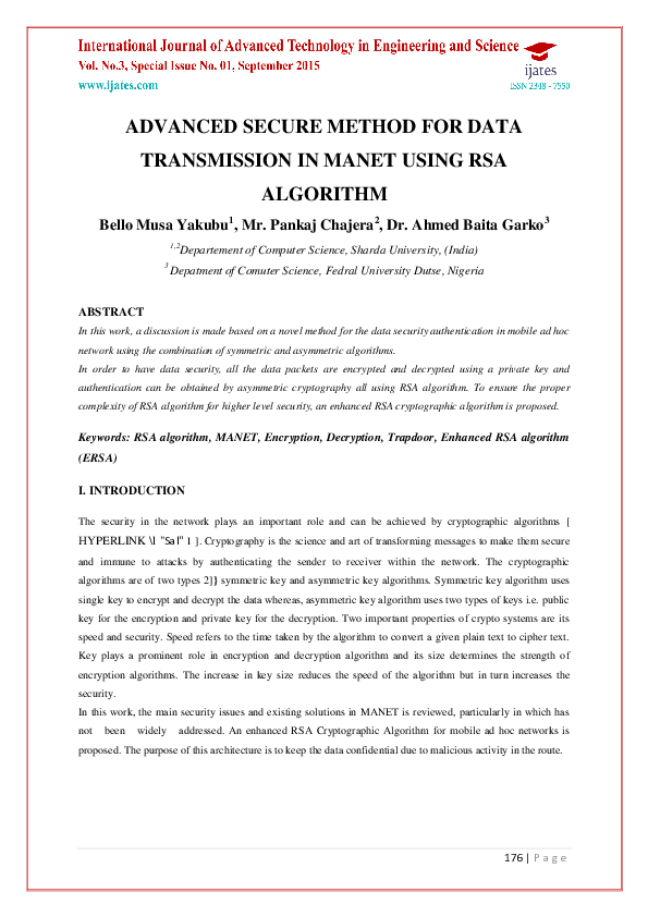 Pdf Advanced Secure Method For Data Transmission In Manet Using Rsa Algorithm 