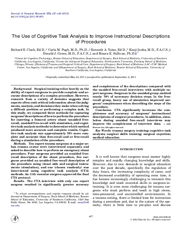 (PDF) The Use of Cognitive Task Analysis to Improve Instructional Descriptions of Procedures