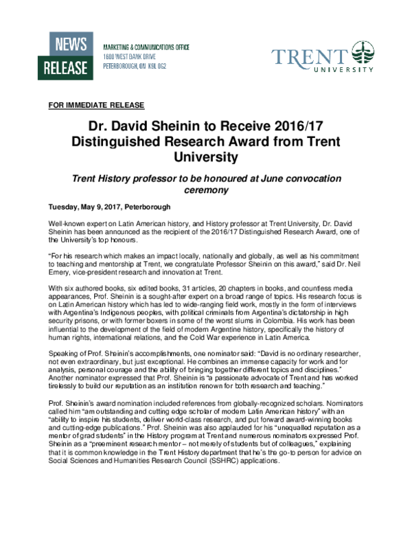 (PDF) Trent University Distinguished Research Award 2017