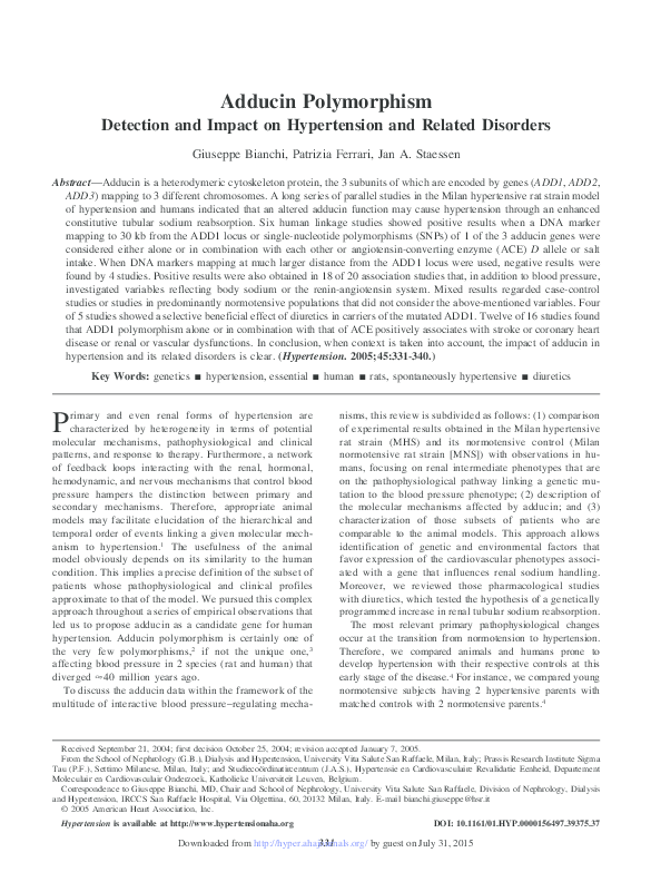 (PDF) Adducin Polymorphism: Detection and Impact on Hypertension and ...