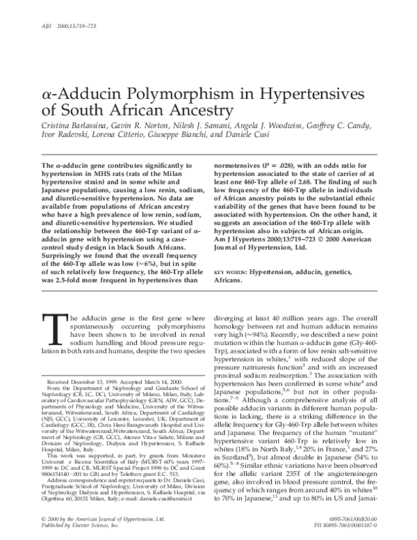 (PDF) -adducin polymorphism in hypertensives of South African ancestry