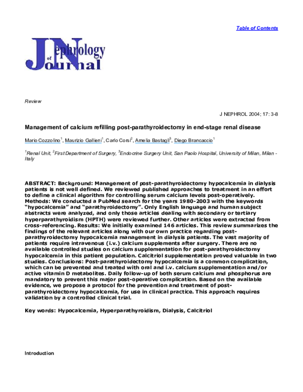 (PDF) Management of calcium refilling post-parathyroidectomy in end ...