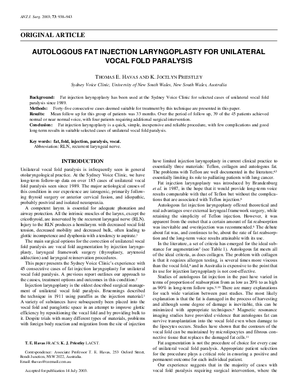 (PDF) Autologous Fat Injection Laryngoplasty for Unilateral Vocal Fold ...