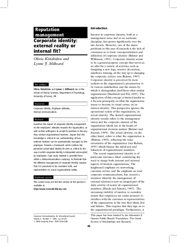 (PDF) Corporate Identity: Internal Fit or External Reality?