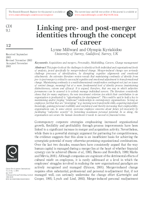 (PDF) Linking pre- and post-merger identities through the concept of career