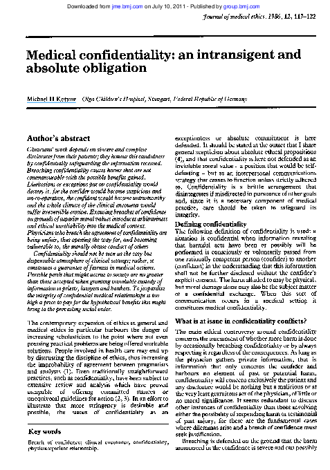 (PDF) Medical confidentiality: an intransigent and absolute obligation