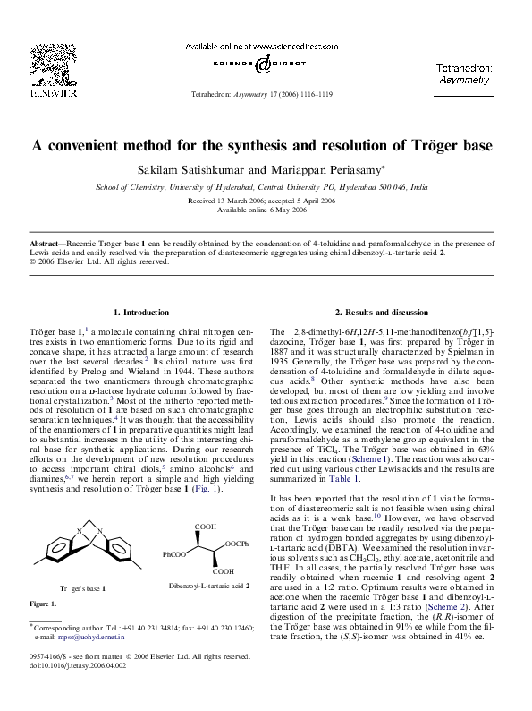 (PDF) A convenient method for the synthesis and resolution of Tröger base