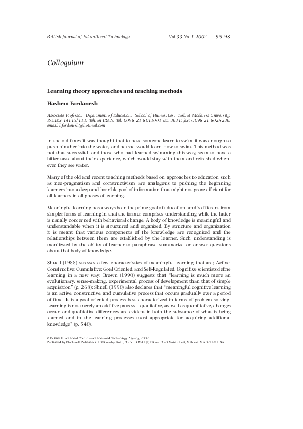 (PDF) Learning theory approaches and teaching methods