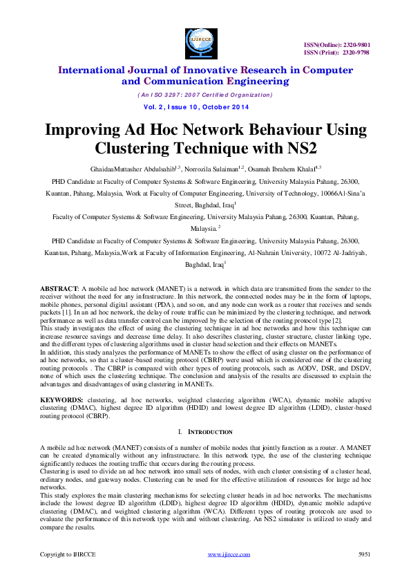 Pdf Improving Ad Hoc Network Behaviour Using Clustering Technique