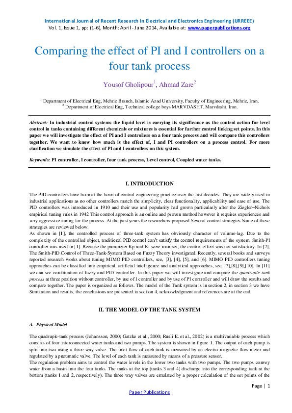 (PDF) Comparing the effect of PI and I controllers on a four tank process
