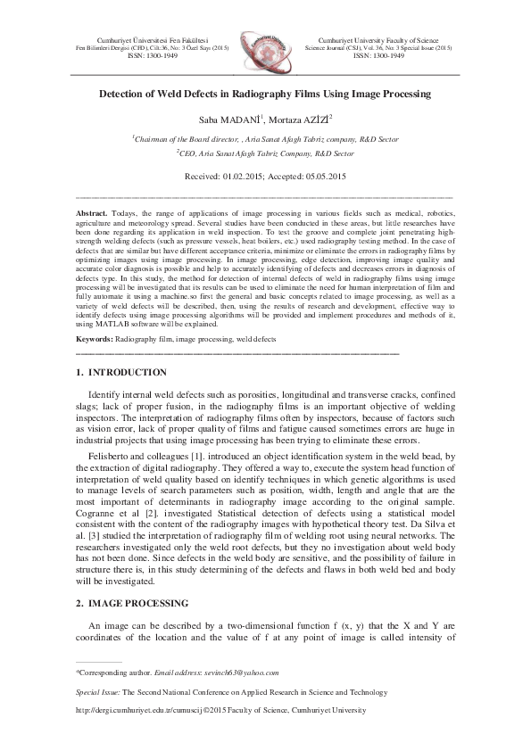 (PDF) Cumhuriyet Üniversitesi Fen Fakültesi Detection of Weld Defects ...