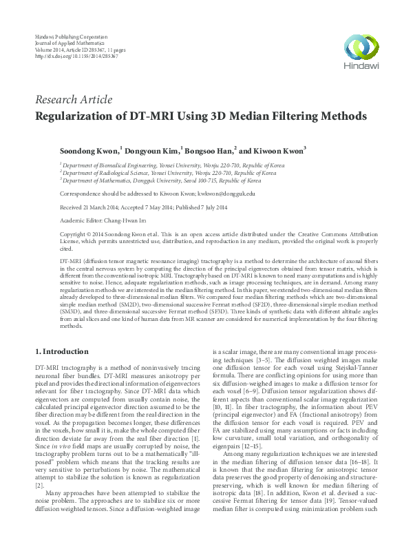 (PDF) Regularization of DT-MRI Using 3D Median Filtering Methods